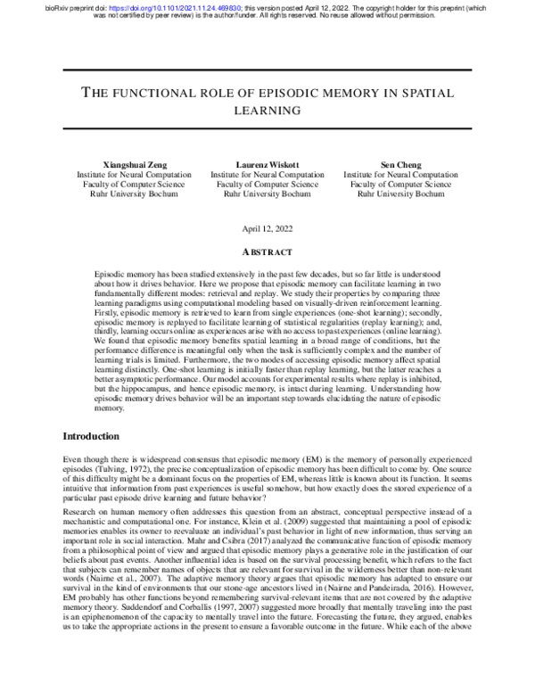 (PDF) The functional role of episodic memory in spatial learning
