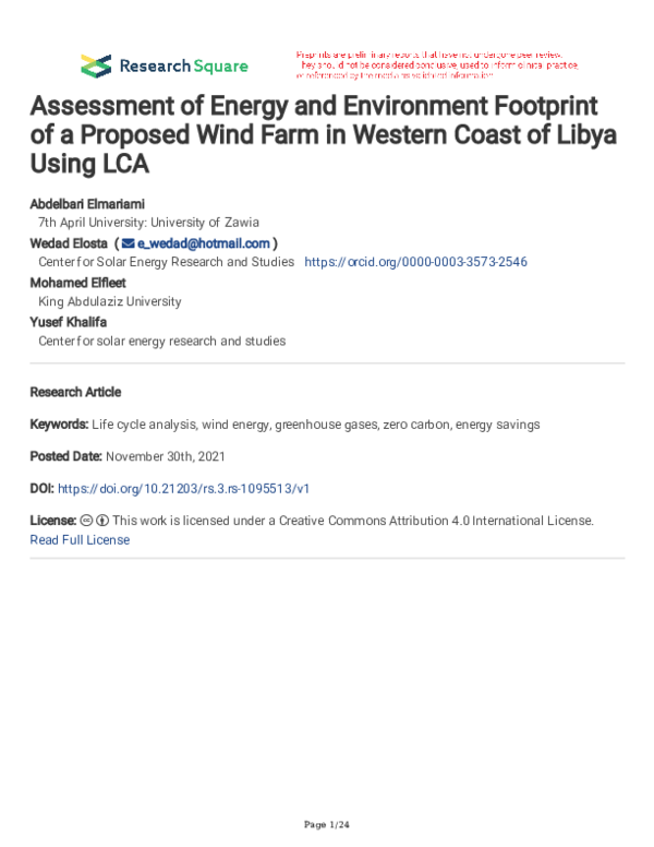 (PDF) Assessment of Energy and Environment Footprint of a Proposed Wind ...