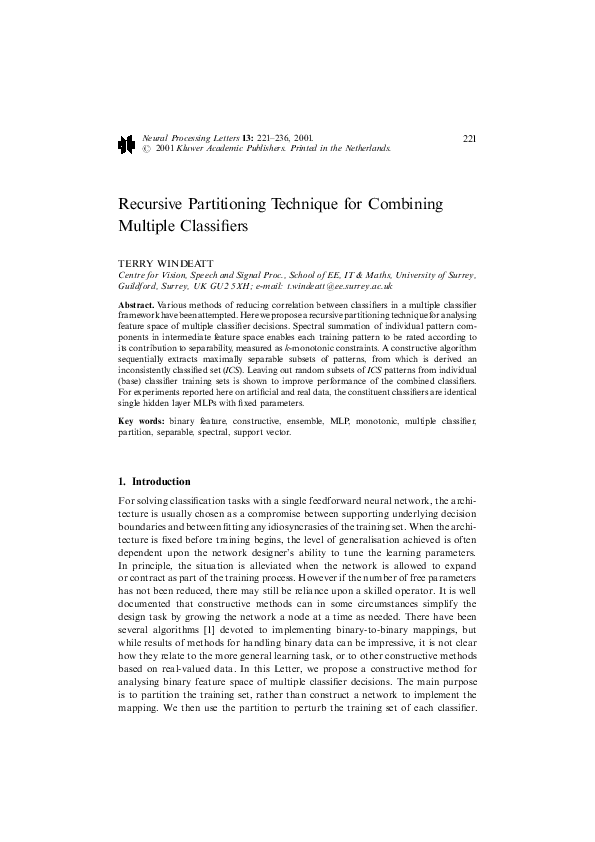 (PDF) Recursive Partitioning Technique for Combining Multiple Classifiers