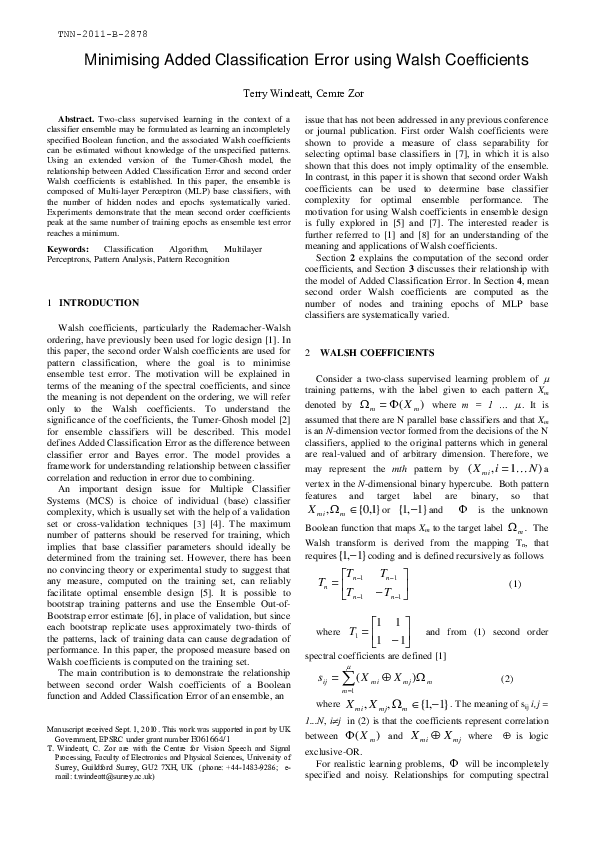 (PDF) Minimising Added Classification Error Using Walsh Coefficients