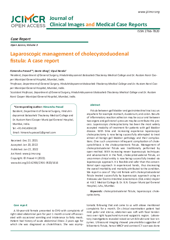 (PDF) Laparoscopic management of cholecystoduodenal fistula: A case report | Shiva Prasad ...