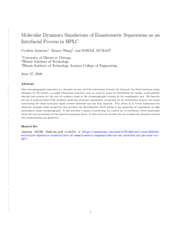 (PDF) Molecular Dynamics Simulations of Enantiomeric Separations as an Interfacial Process in HPLC