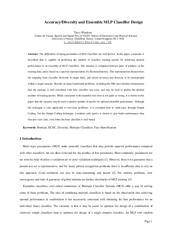 (PDF) Accuracy/Diversity and Ensemble MLP Classifier Design
