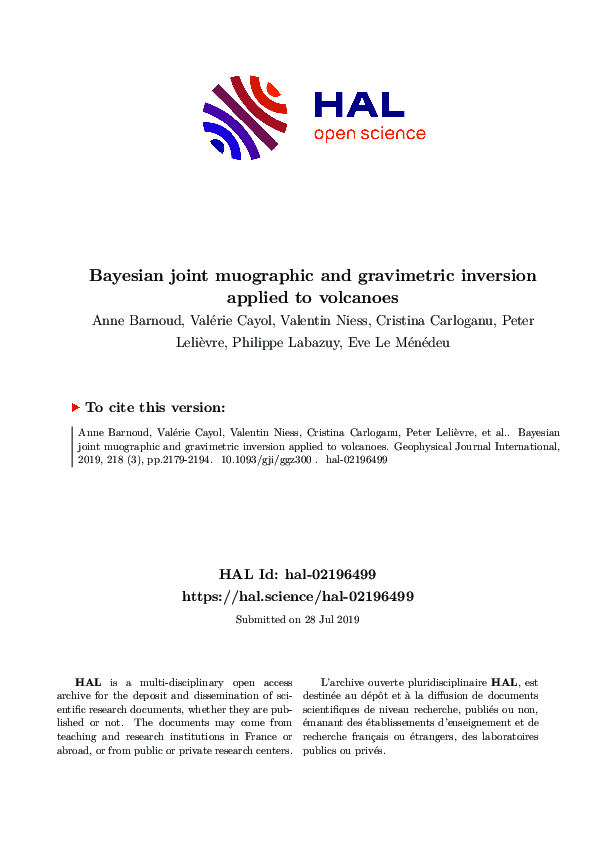(PDF) Bayesian joint muographic and gravimetric inversion applied to volcanoes | Philippe ...