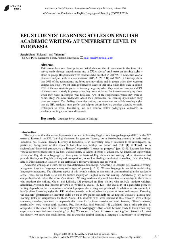 (PDF) EFL Students’ Learning Styles on English Academic Writing at ...