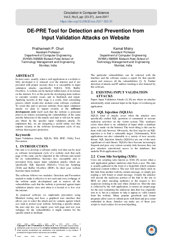 (PDF) DE-PRE Tool for Detection and Prevention from Input Validation Attacks on Website
