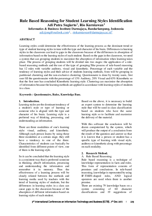 (PDF) Rule Based Reasoning for Student Learning Styles Identification