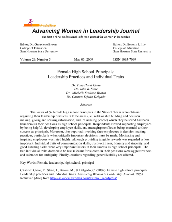 (PDF) Female High School Principals: Leadership Practices and Individual Traits