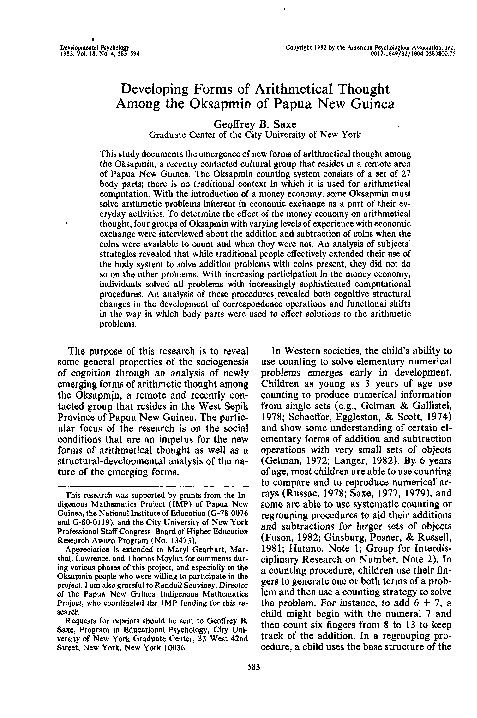(PDF) Developing forms of arithmetical thought among the Oksapmin of ...