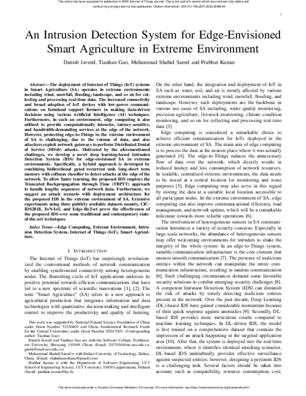 Pdf An Intrusion Detection System For Edge Envisioned Smart Agriculture In Extreme Environment