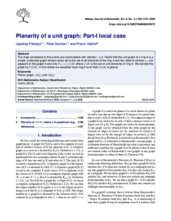 (PDF) Planarity of a unit graph: Part-I local case