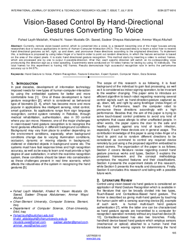 (PDF) Vision-Based Control By Hand-Directional Gestures Converting To Voice