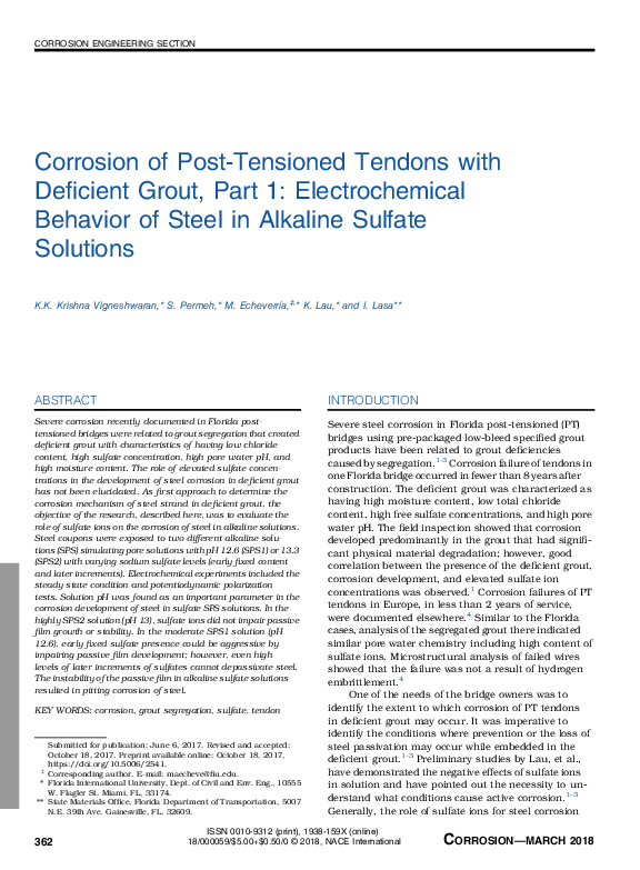 (PDF) Corrosion of Post-Tensioned Tendons With Deficient Grout