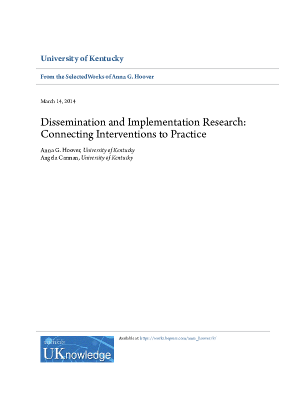 (PDF) Dissemination and Implementation Research: Connecting Interventions to Practice