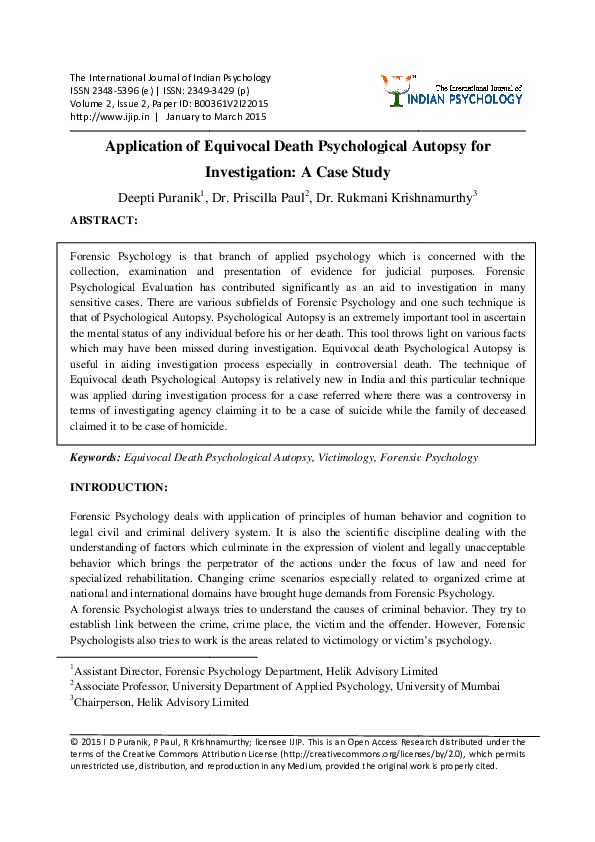 (PDF) Application of Equivocal Death Psychological Autopsy for Investigation: A Case Study ...