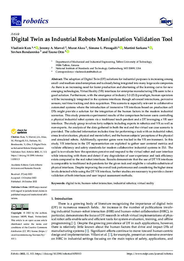 (PDF) Digital Twin as Industrial Robots Manipulation Validation Tool | Tauno Otto - Academia.edu