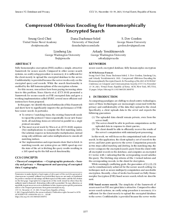 (PDF) Compressed Oblivious Encoding for Homomorphically Encrypted Search