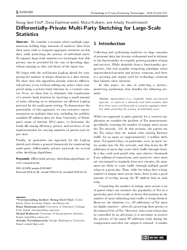 (PDF) Differentially-Private Multi-Party Sketching for Large-Scale Statistics