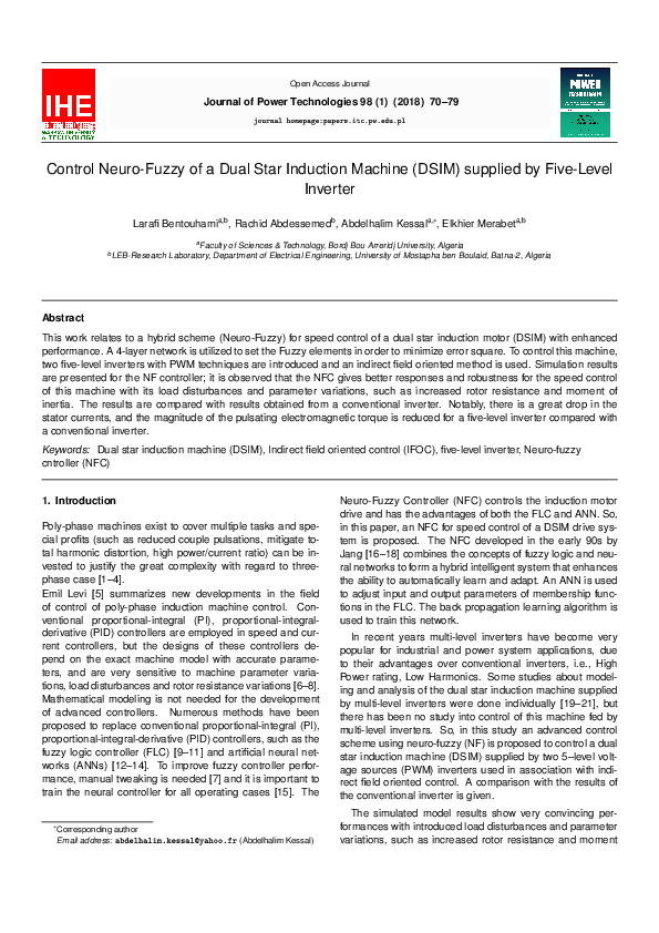 Control Neuro-Fuzzy of a dual star induction machine (DSIM) supplied by ...