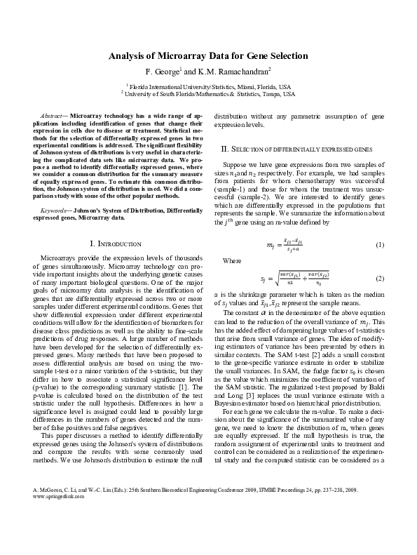(PDF) Analysis of Microarray Data for Gene Selection