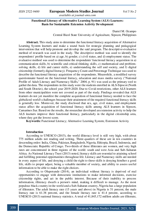 (PDF) Functional Literacy of Alternative Learning System (ALS) Learners ...