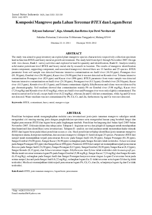 (PDF) Komposisi Mangrove pada Lahan Tercemar BTEX dan Logam Berat