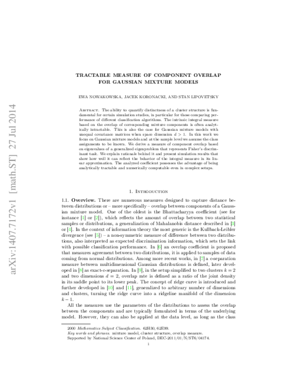 (PDF) Tractable Measure of Component Overlap for Gaussian Mixture Models