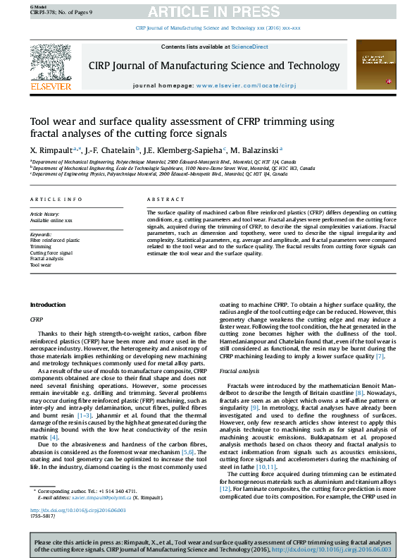 (PDF) Tool wear and surface quality assessment of CFRP trimming using fractal analyses of the ...
