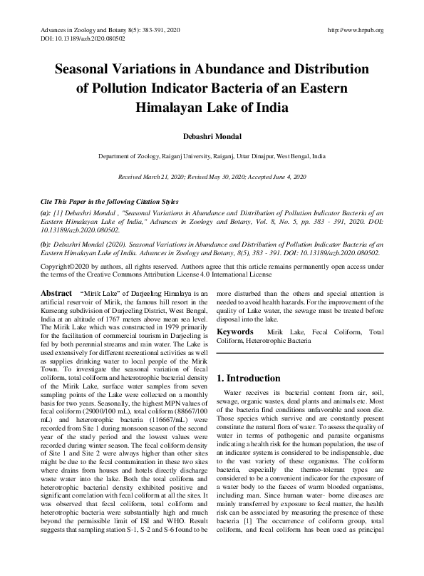 (PDF) Seasonal Variations in Abundance and Distribution of Pollution Indicator Bacteria of an ...