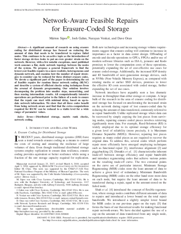 (PDF) Network-Aware Feasible Repairs for Erasure-Coded Storage