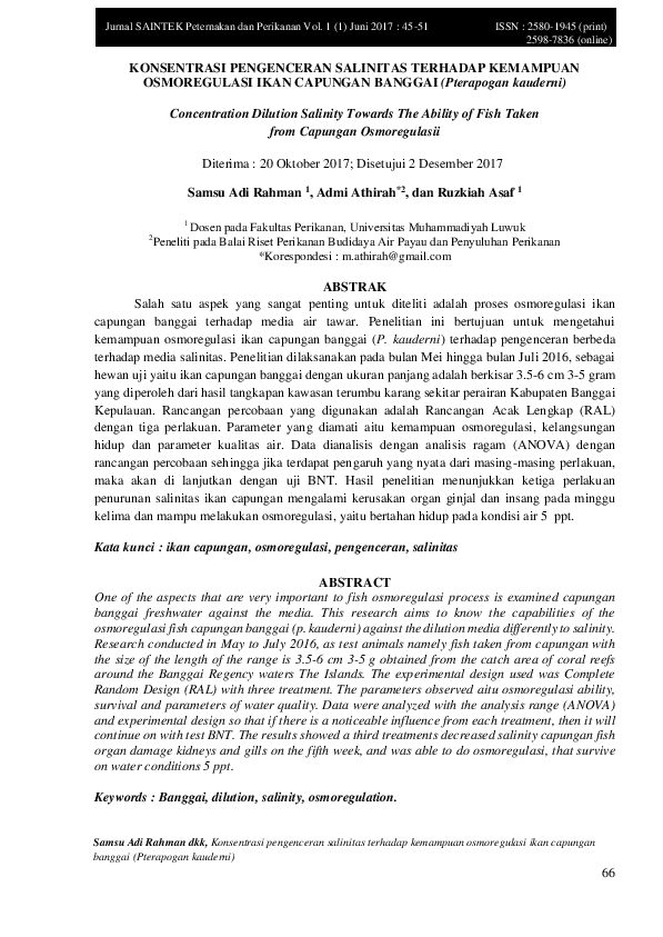(PDF) KONSENTRASI PENGENCERAN SALINITAS TERHADAP KEMAMPUAN OSMOREGULASI IKAN CAPUNGAN BANGGAI ...