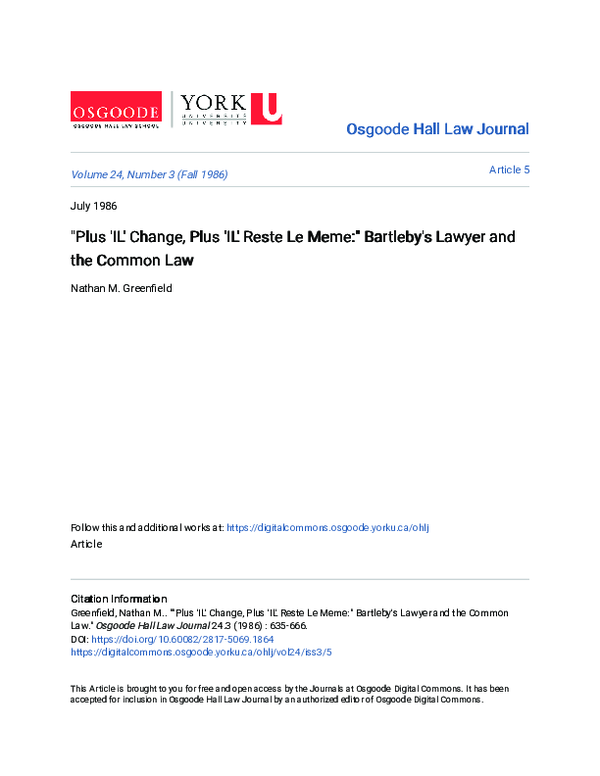 (PDF) Plus 'IL' Change, Plus 'IL' Reste Le Meme:" Bartleby's Lawyer and ...