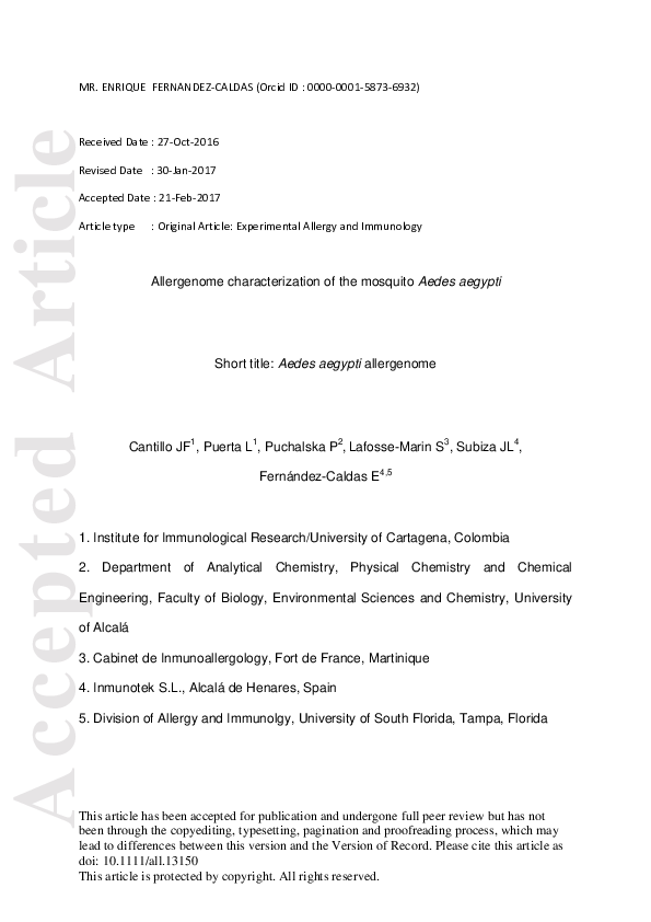 (PDF) Allergenome characterization of the mosquitoAedes aegypti