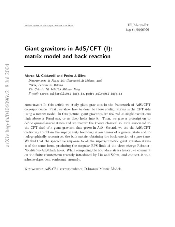 (PDF) Giant gravitons in AdS/CFT (I): matrix model and back reaction