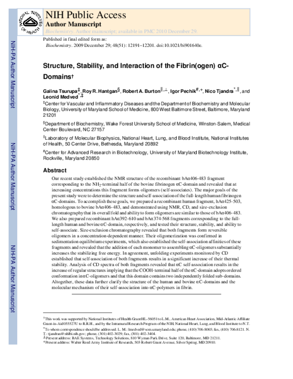 (PDF) Structure, Stability, and Interaction of the Fibrin(ogen) αC-Domains