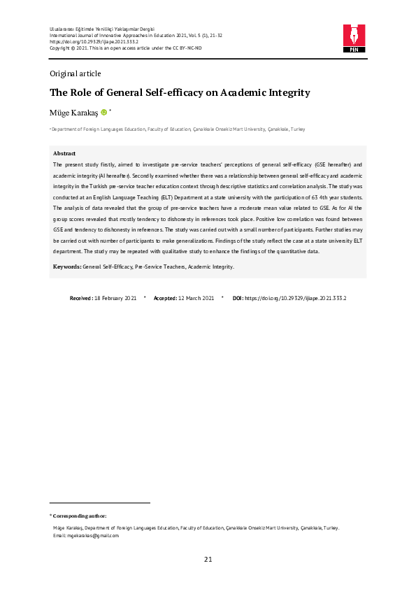 (PDF) The Role of General Self-efficacy on Academic Integrity
