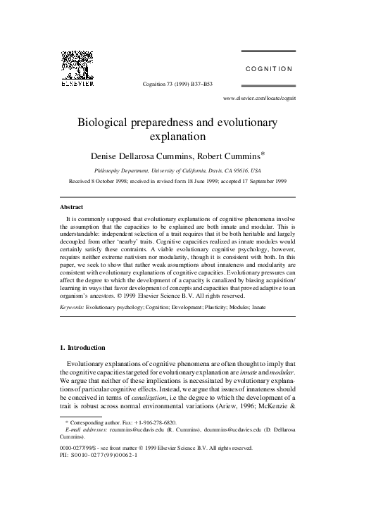 (PDF) Biological preparedness and evolutionary explanation