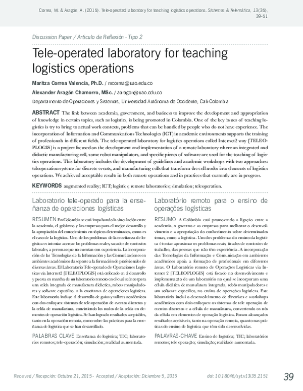 (PDF) Tele-operated laboratory for teaching logistics operations