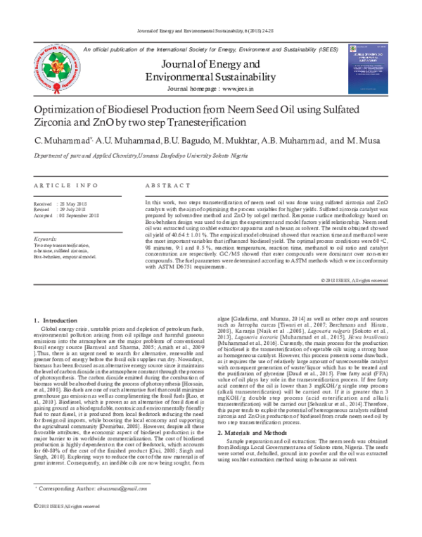 (PDF) Optimization of Biodiesel Production from Neem Seed Oil using ...