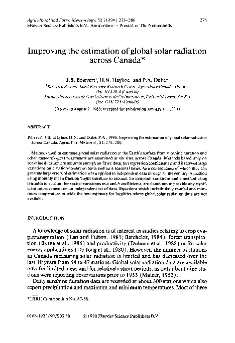 Pdf Improving The Estimation Of Global Solar Radiation Across Canada