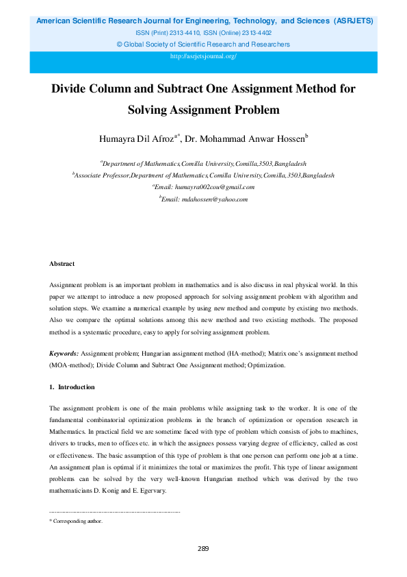 Pdf Divide Column And Subtract One Assignment Method For Solving