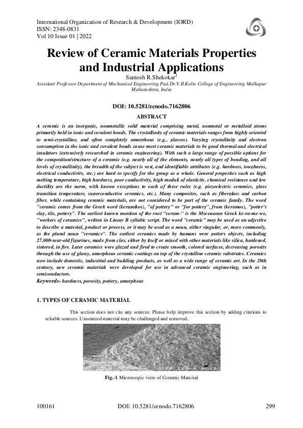 (PDF) Review of Ceramic Materials Properties and Industrial Applications