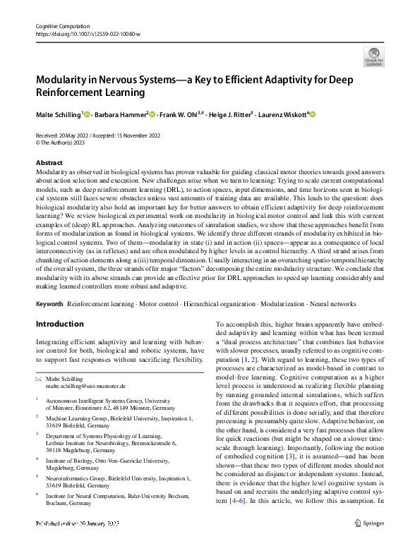 (PDF) Modularity in Nervous Systems—a Key to Efficient Adaptivity for Deep Reinforcement Learning