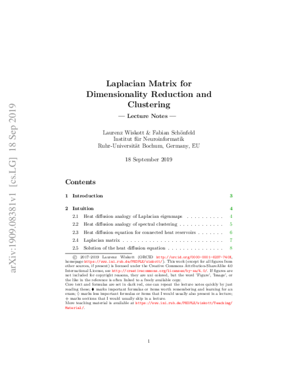 (PDF) Laplacian Matrix for Dimensionality Reduction and Clustering