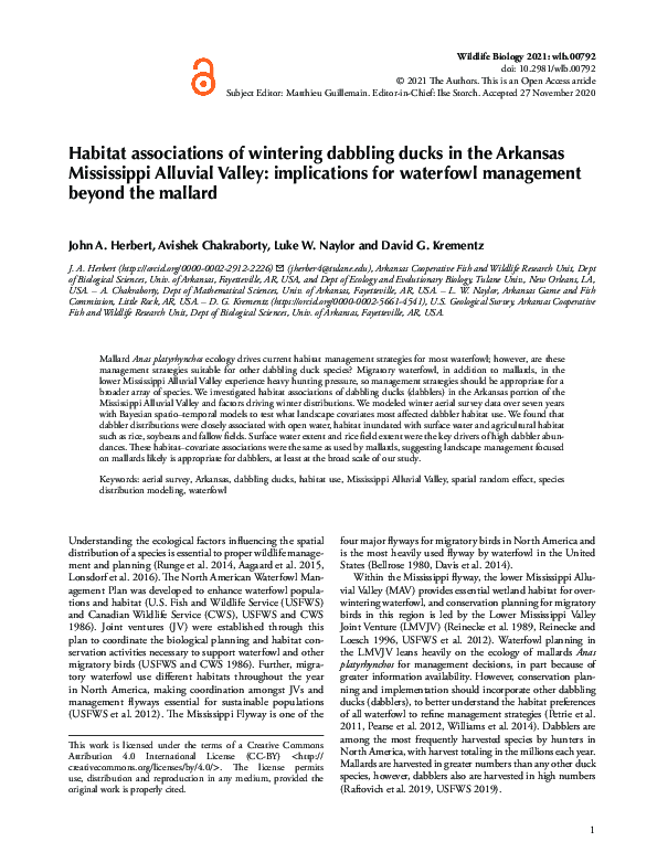(PDF) Habitat associations of wintering dabbling ducks in the Arkansas ...