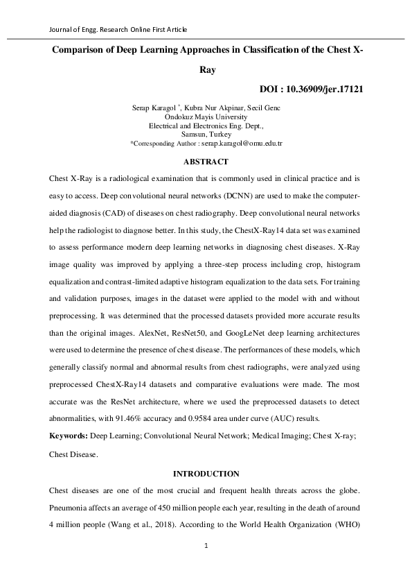 (PDF) Comparison of Deep Learning Approaches in Classification of the Chest X-Ray