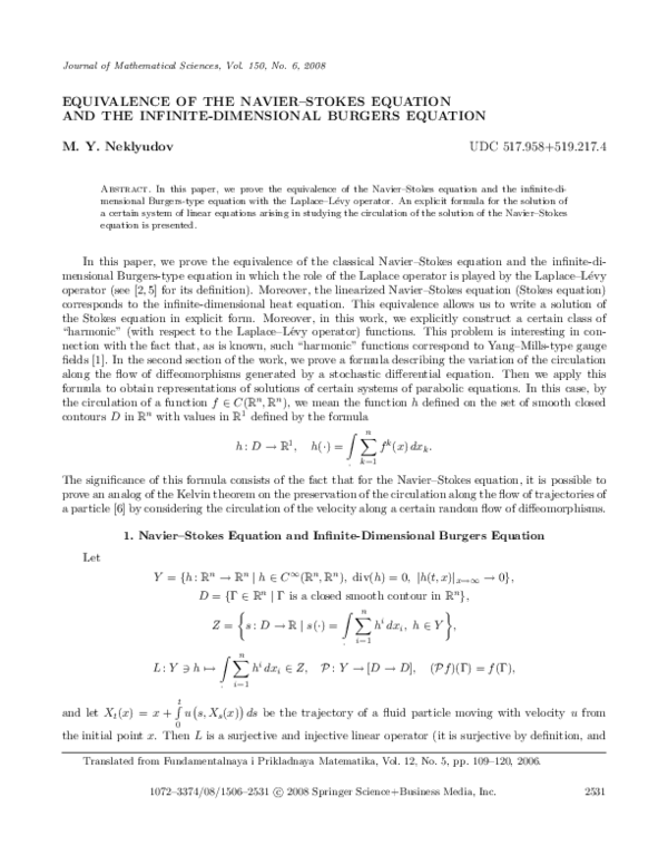 (PDF) Equivalence of the Navier-Stokes equation and the infinite-dimensional Burgers equation