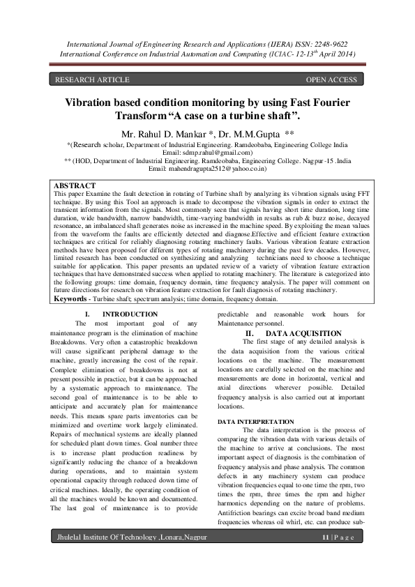 (PDF) Vibration based condition monitoring by using Fast Fourier ...