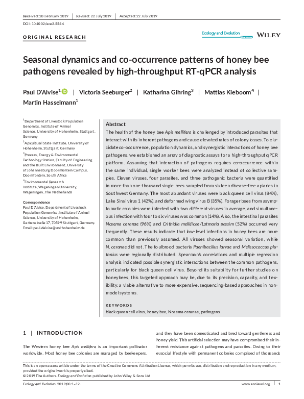 (PDF) Seasonal dynamics and co‐occurrence patterns of honey bee pathogens revealed by high ...