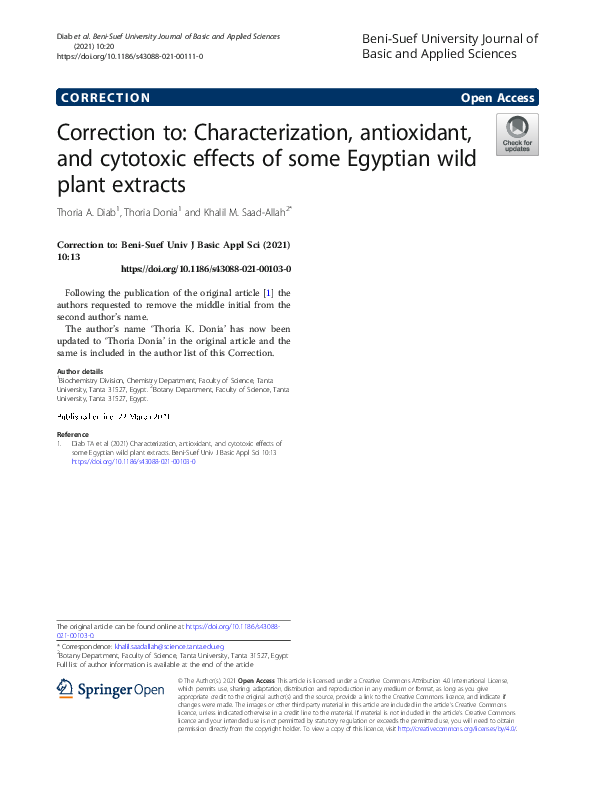 (PDF) Correction to: Characterization, antioxidant, and cytotoxic effects of some Egyptian wild ...